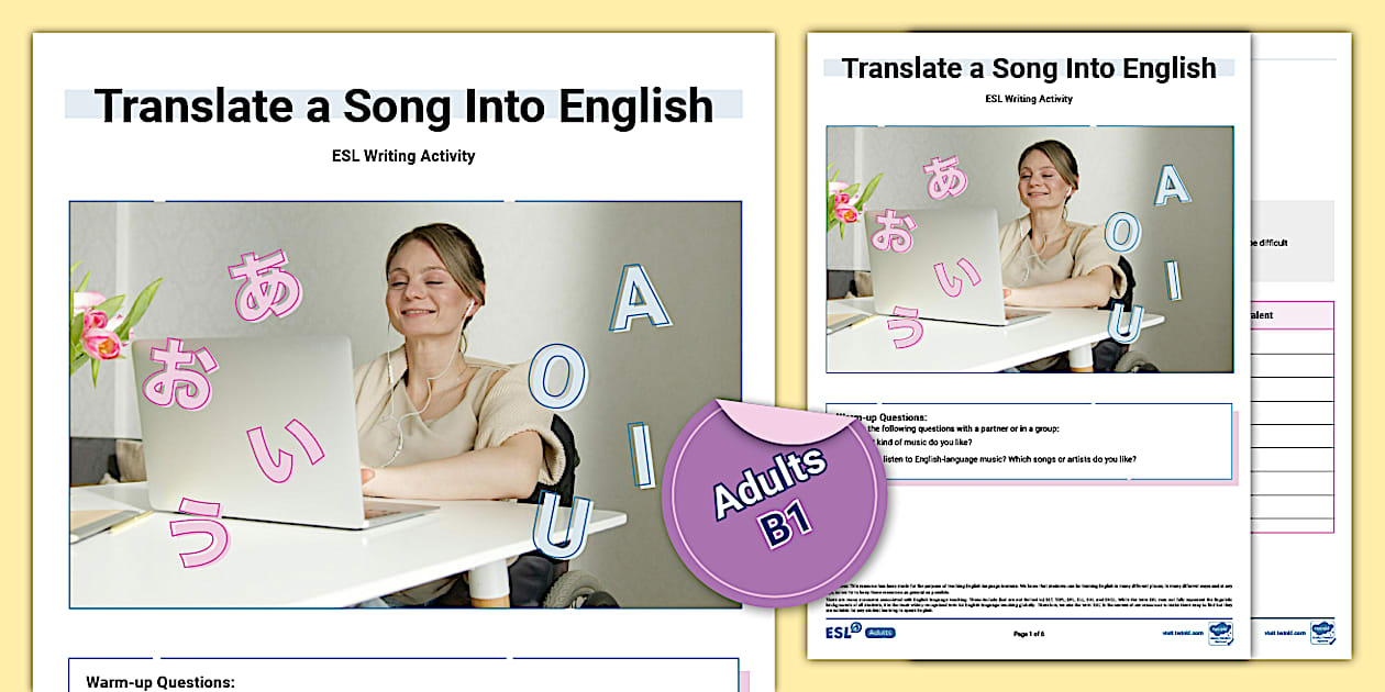 ESL Translate a Song Into English Writing Activity [Adults, B1]