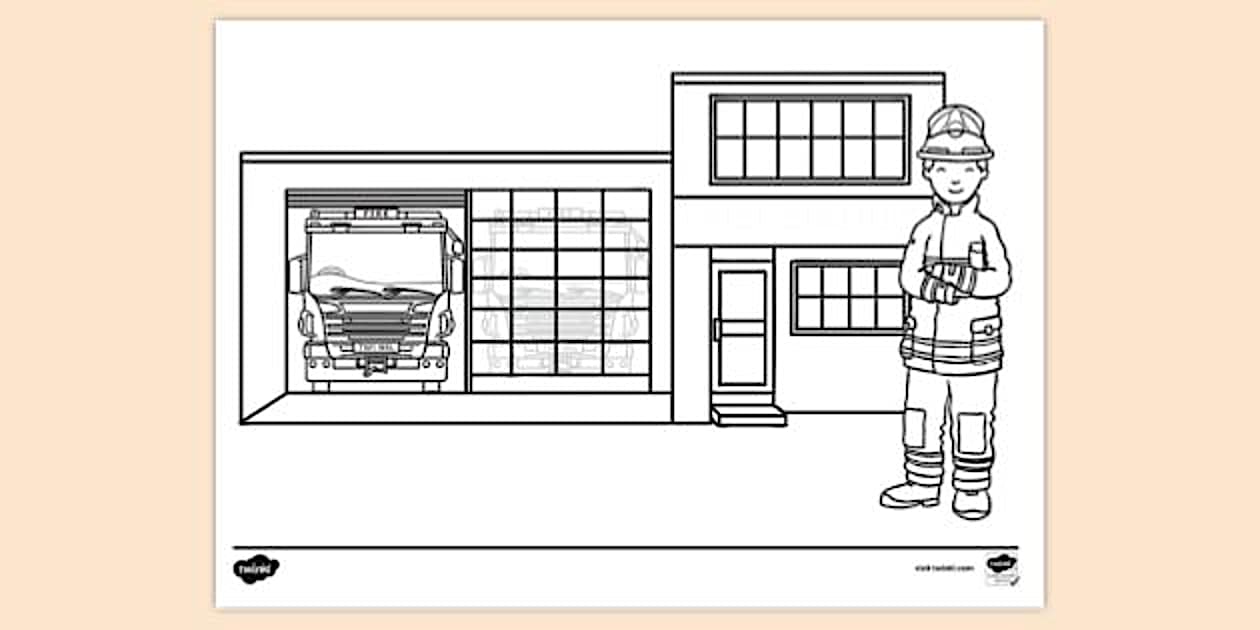 Fire Station Colouring Sheet (teacher made) - Twinkl