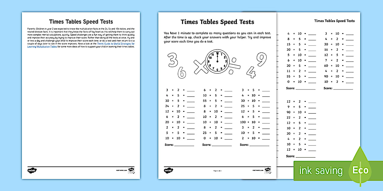 Year 2 Maths Times Tables Speed Tests Homework Worksheet / Worksheet