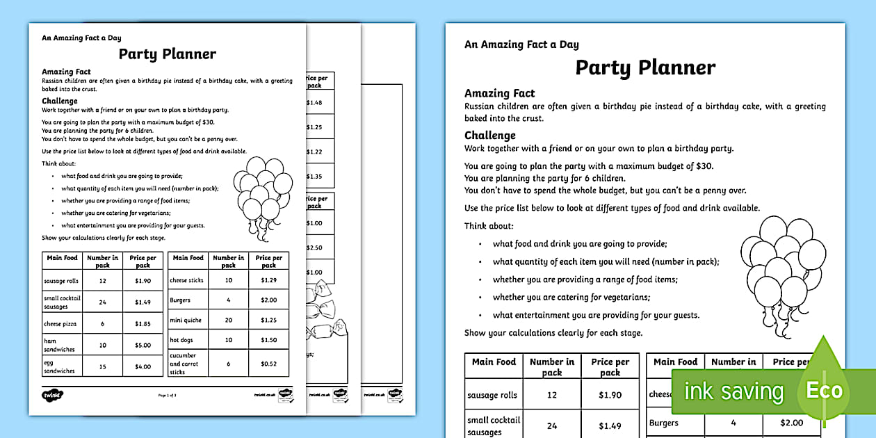 Editable A Party Planner Worksheet (teacher made) - Twinkl