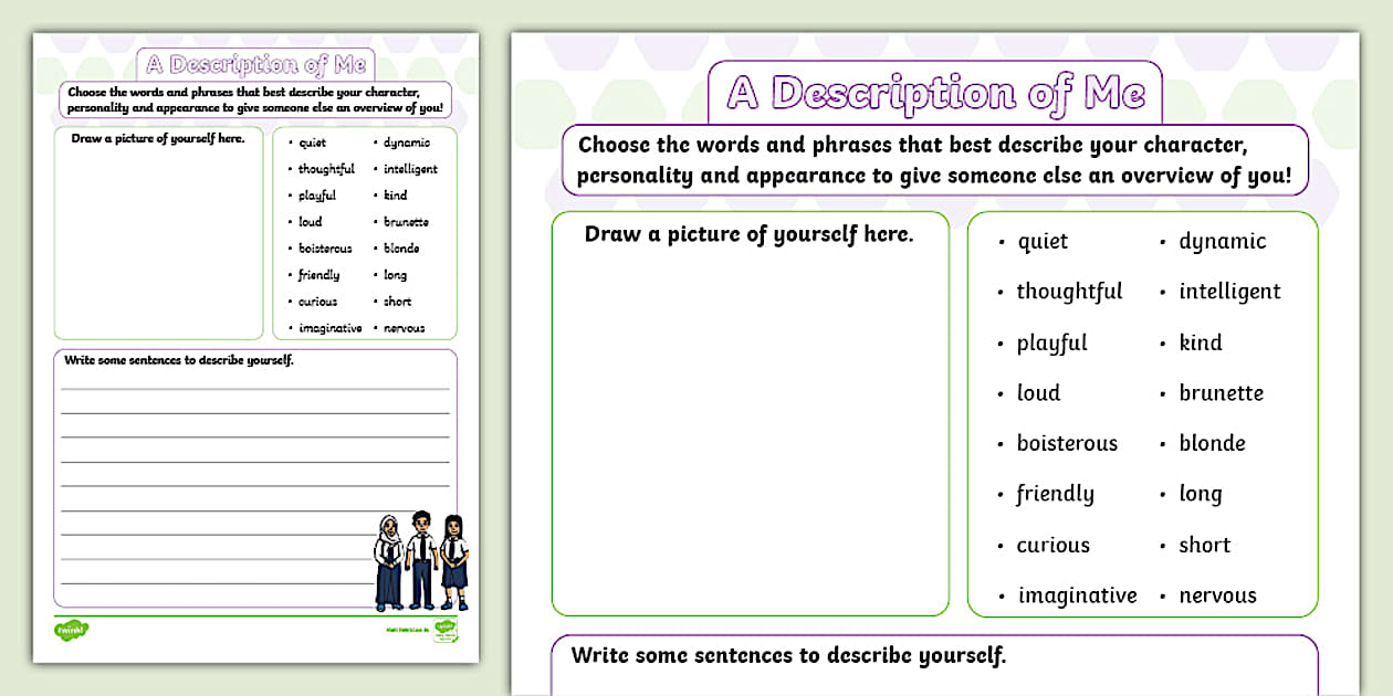 A Description of Me Worksheet (Teacher-Made) - Twinkl