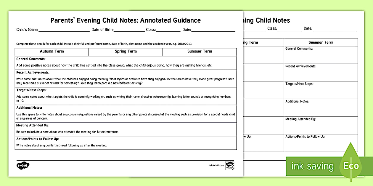 EYFS Consultation and Parents' Evening Child Notes Form