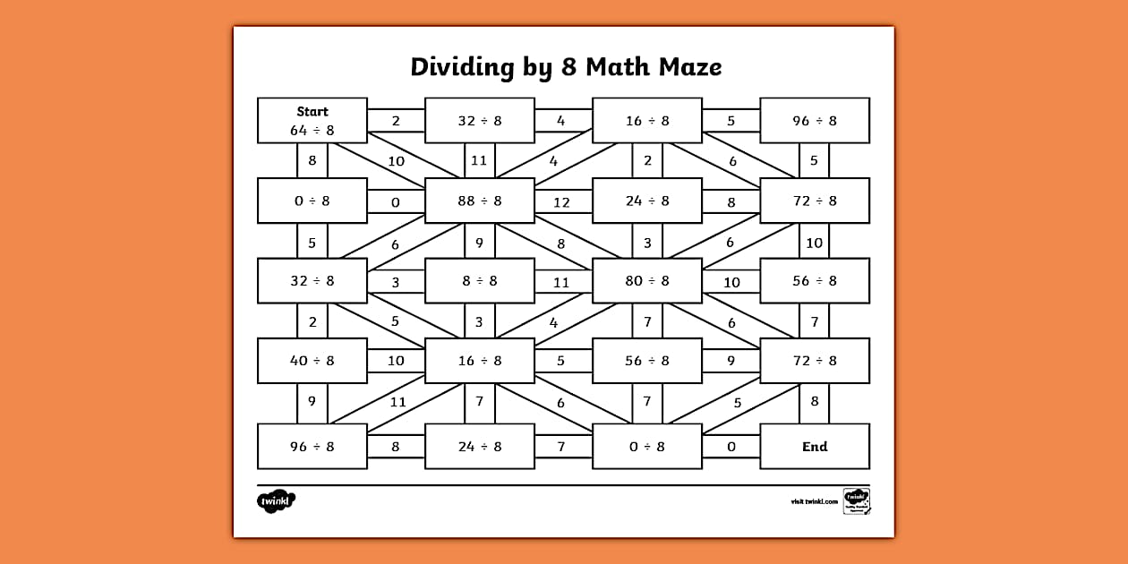 Dividing by 8 Math Maze Activity for 3rd-5th Grade - Twinkl