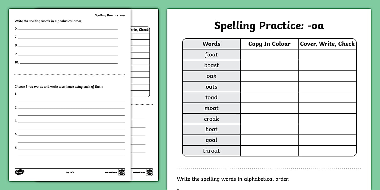 Grade 3 -oa Phonics Spelling Practice Sheets - Twinkl