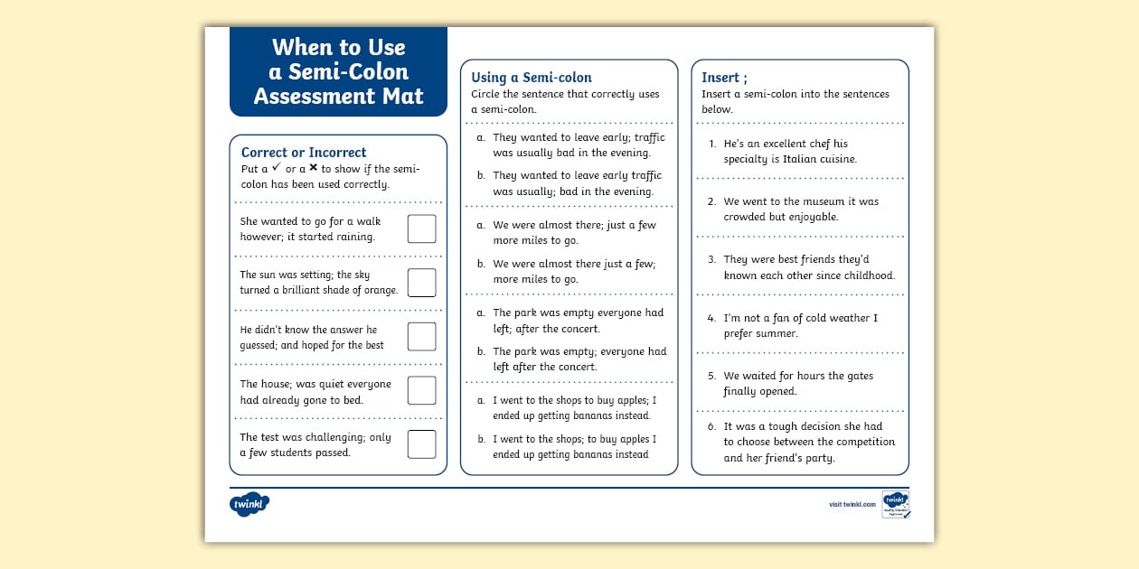 When to Use a Semi-colon Assessment Mat (teacher made)