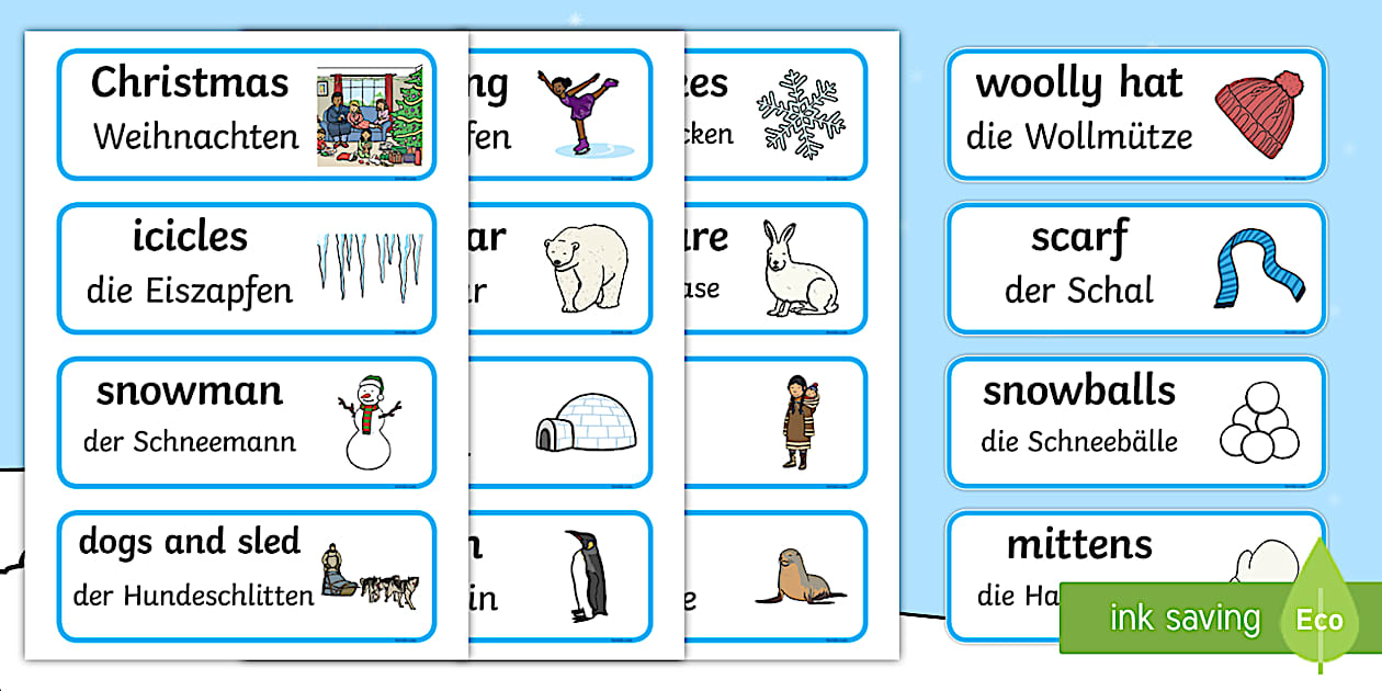 Winter Topic Word Cards - English/German (teacher made)
