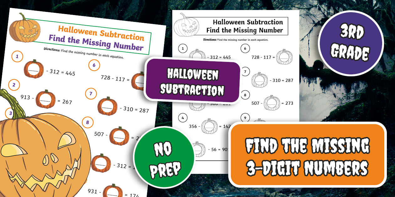 Third Grade Halloween Find the Missing Number Subtraction