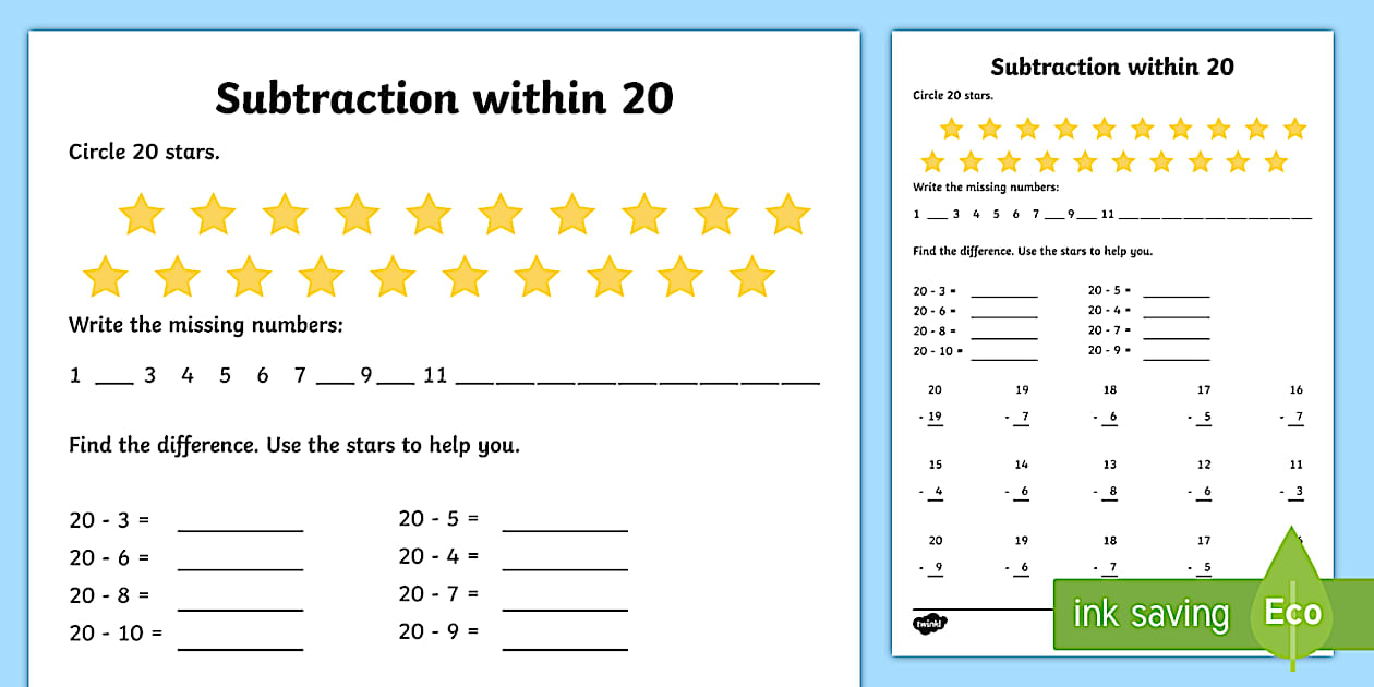 Subtraction within 20 Worksheet (teacher made) - Twinkl