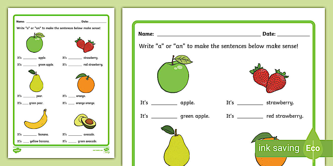Cursive A or An Worksheet - Fruit KS1 (Lehrer gemacht)