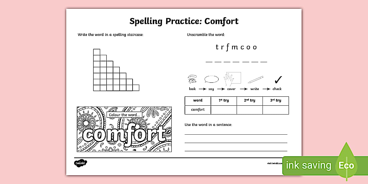 Comfort Spelling Practice Worksheet (Teacher-Made) - Twinkl