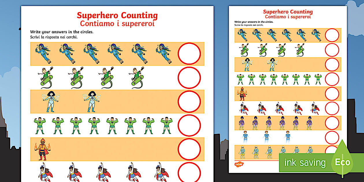 Superheroes Counting Sheet English/Italian - Superheroes Counting Sheet
