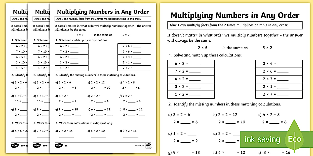 Y2 Multiplying Numbers in Any Order Differentiated Worksheets