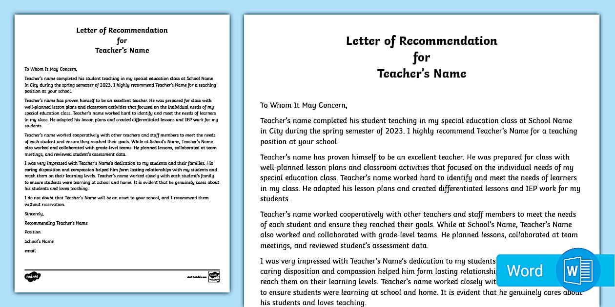 Letter of Recommendation for Special Education Teacher