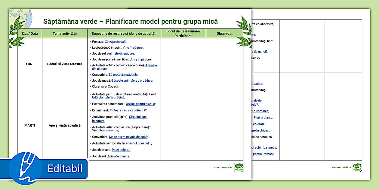 FREE! - Model de planificare săptămânală Săptămâna verde grupa mică