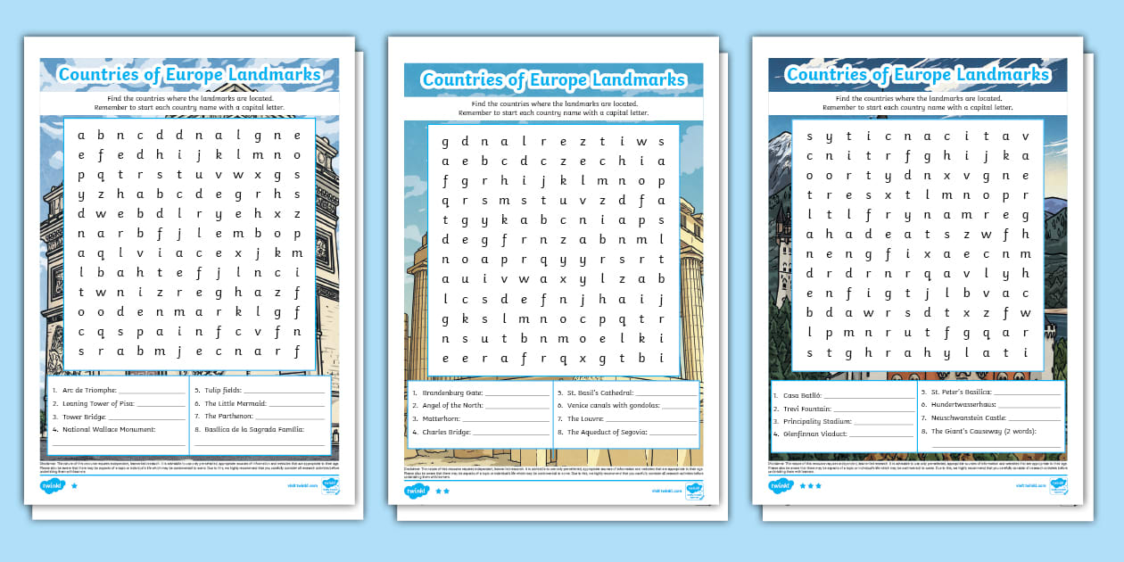Countries of Europe Landmark Word Search - Twinkl
