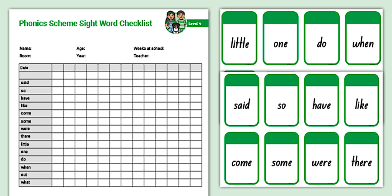 Level 4: Phonics Scheme Sight Word Cards and Checklist