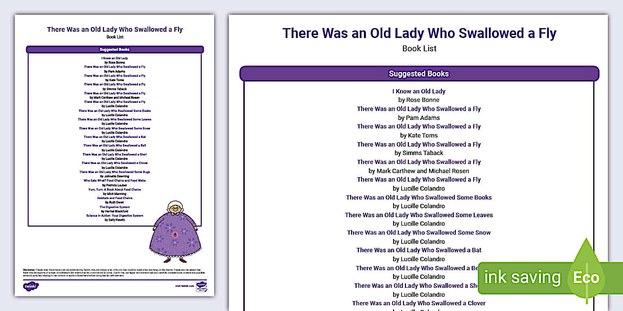 There Was an Old Lady Who Swallowed a Fly Book List - Twinkl