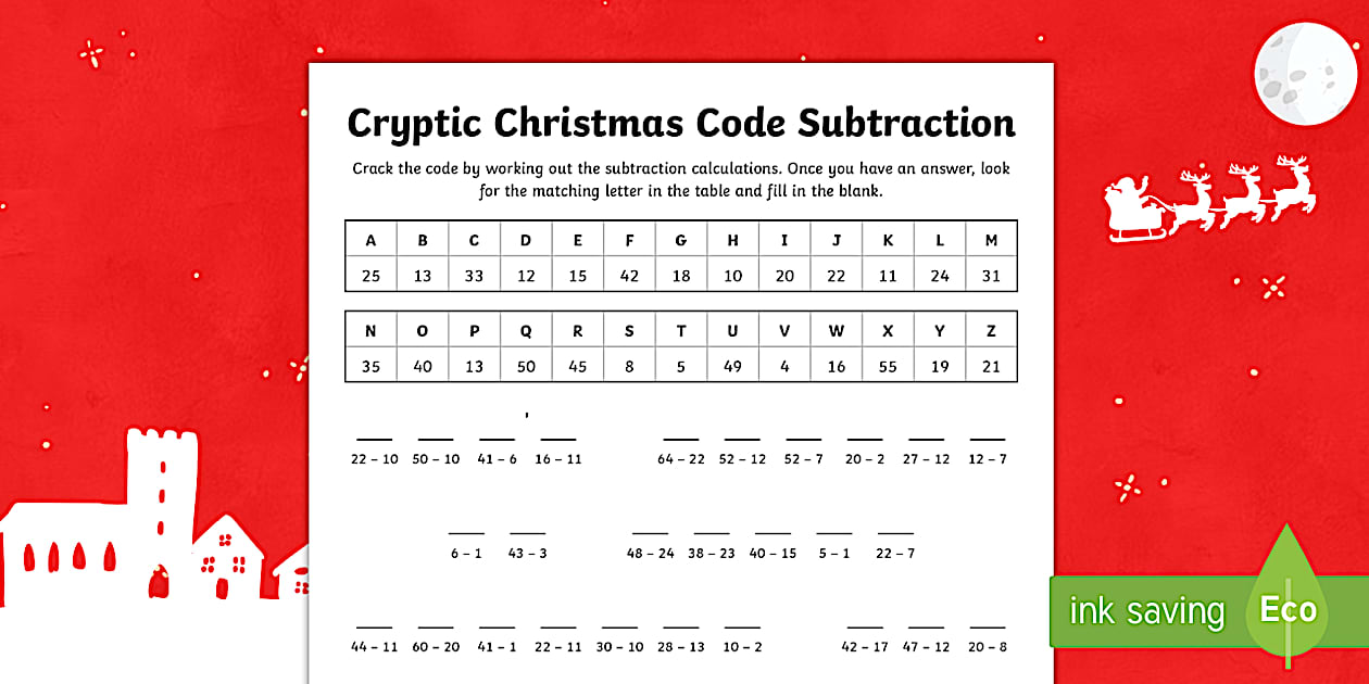 Cryptic Christmas Code Subtraction Activity (teacher made)