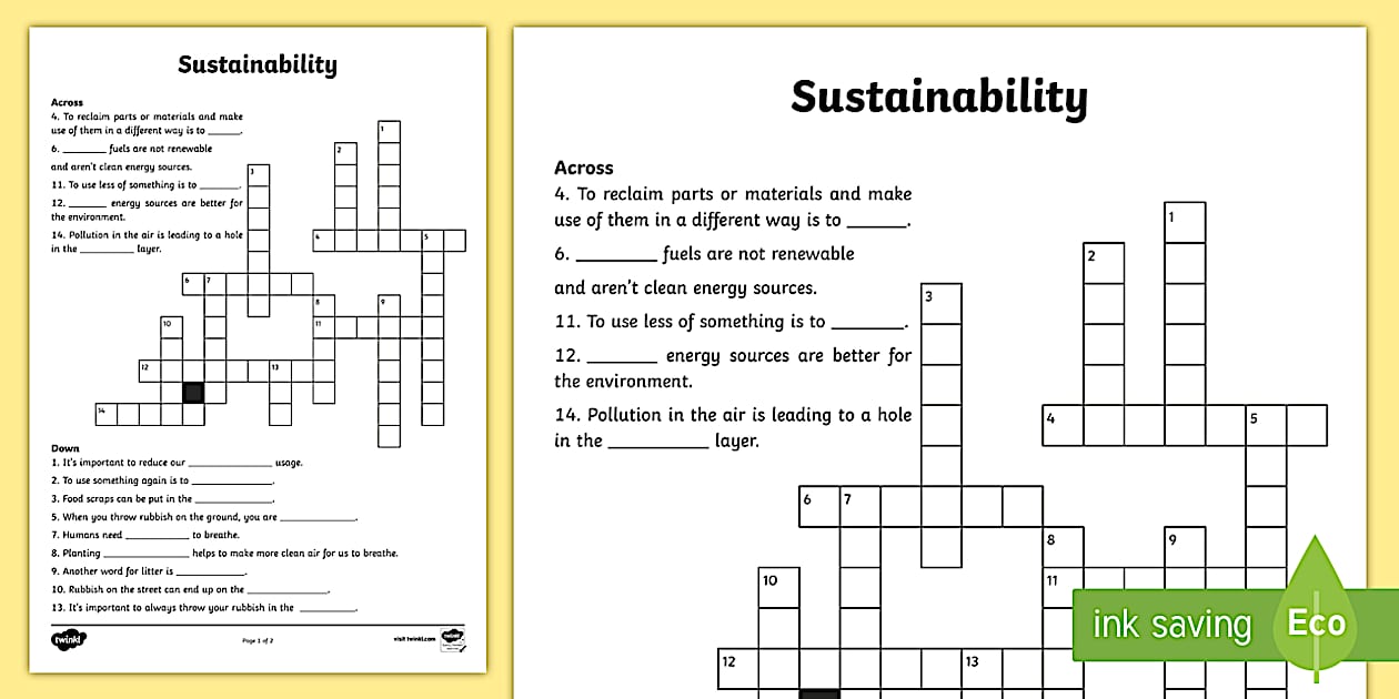 Sustainability Crossword (teacher made) - Twinkl