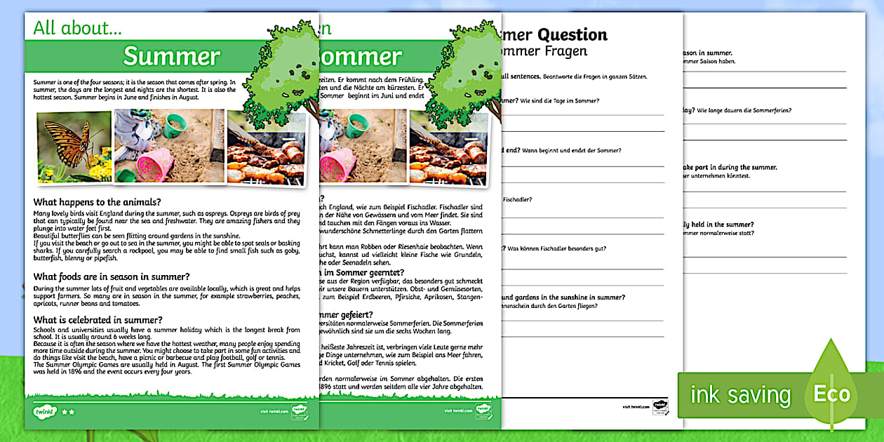 Summer Differentiated Reading Comprehension Activity English/German ...