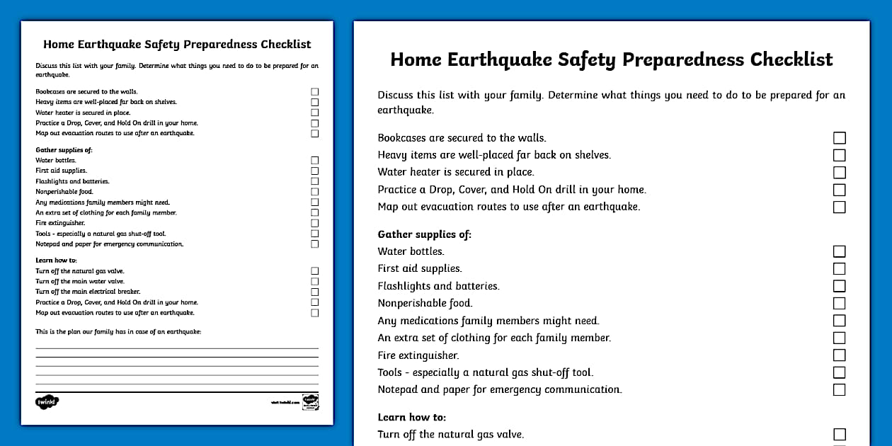 Home Earthquake Safety Preparedness Checklist (teacher made)