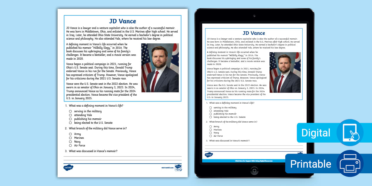 Fifth Grade JD Vance Reading Passage Comprehension - Twinkl