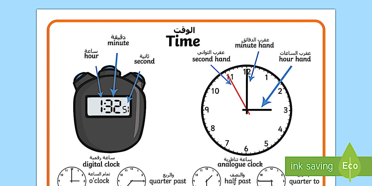 Time Vocabulary Word Mat Arabic/English - Time Vocabulary Word Mat