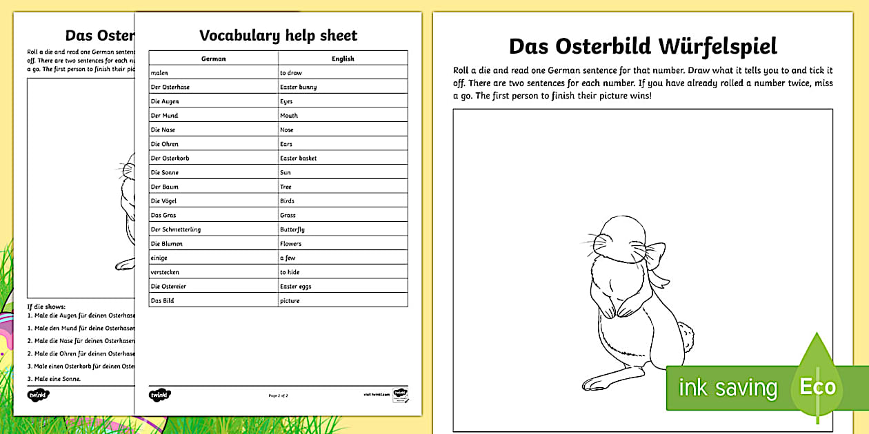 Easter Bunny Dice Game Read and Draw Worksheet / Worksheet German