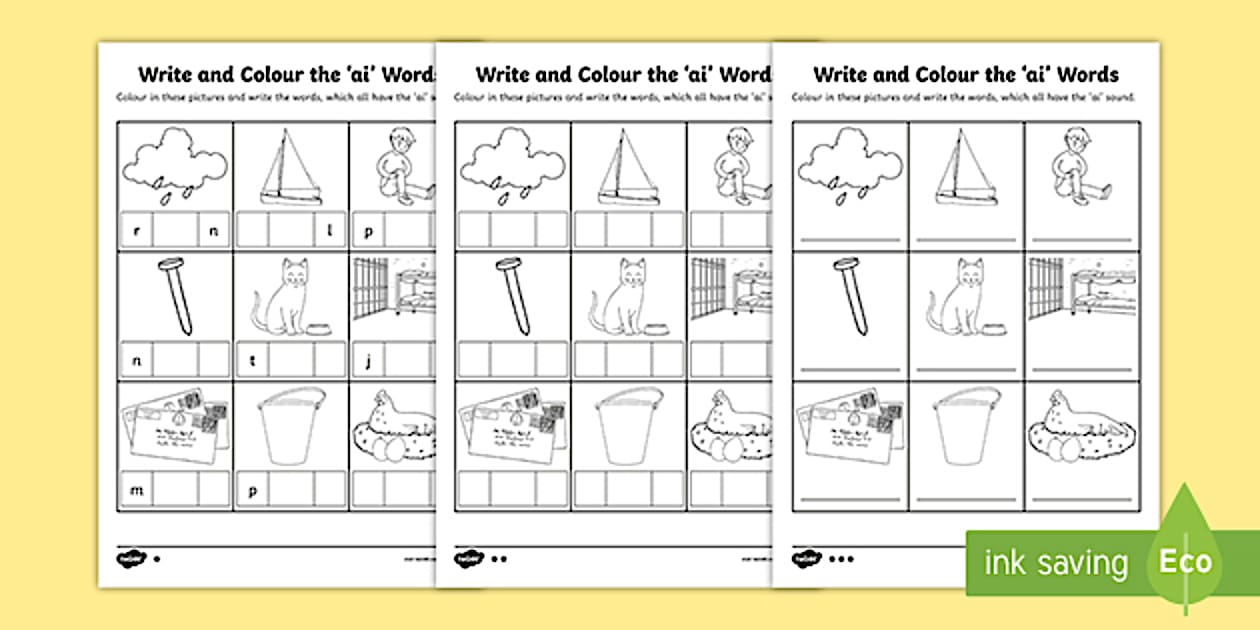 Write and Colour the 'ai' Words Phonics Differentiated Worksheets