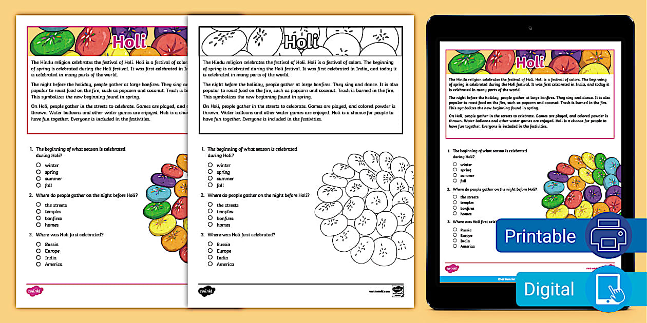 Fun Third Grade Holi Questions Worksheet | Twinkl USA