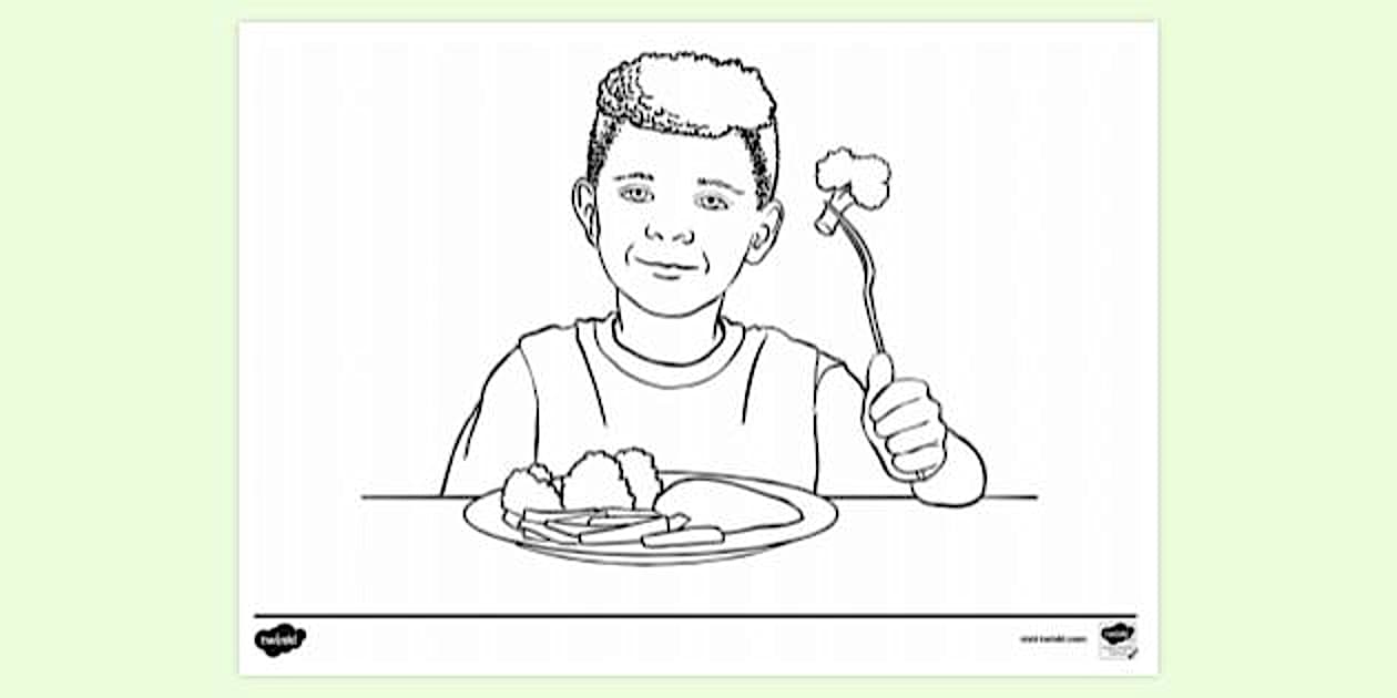 Child Eating with a Knife and Fork Colouring Sheet | Twinkl