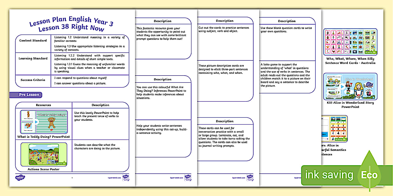 Lesson Plan English Year 3 Lesson 38 Right Now - Twinkl