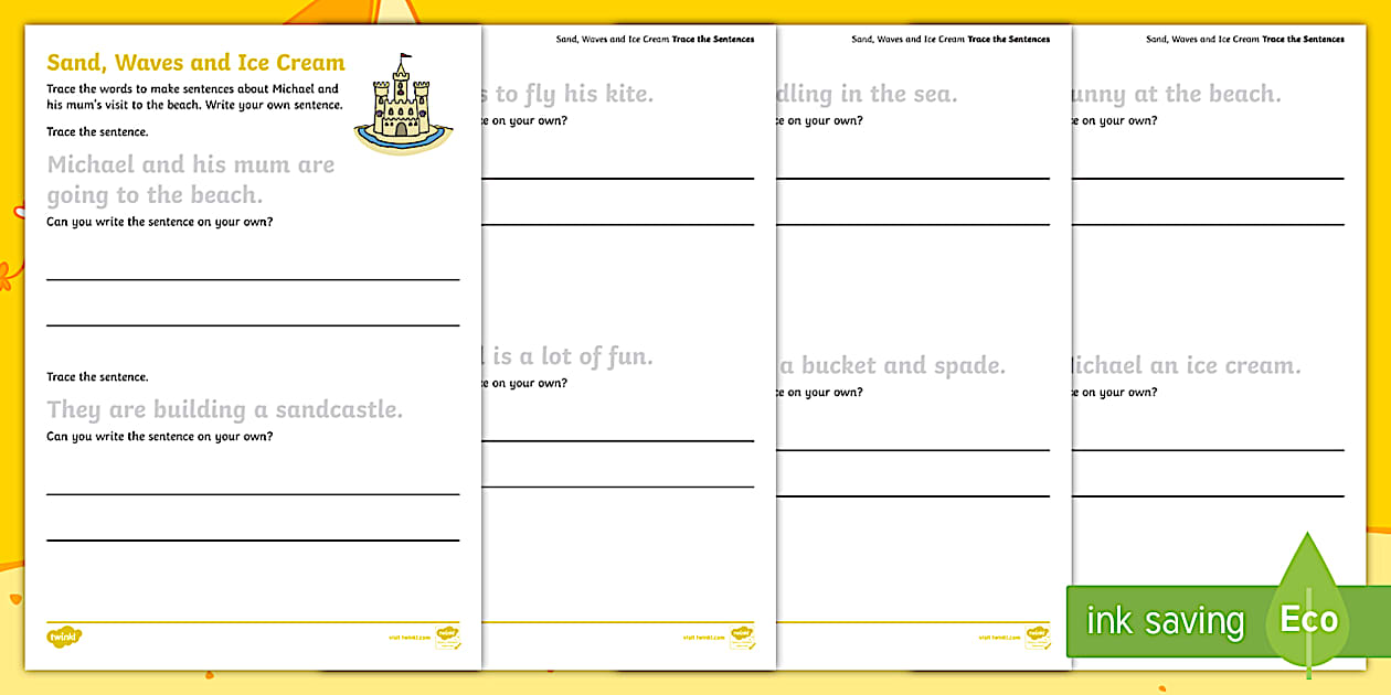 Sand, Waves and Ice Cream Trace the Sentences Worksheet / Worksheet