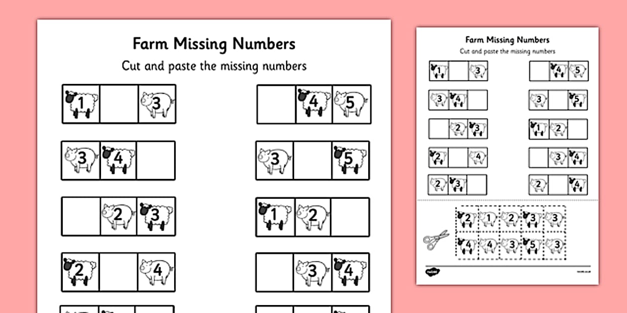 Farm-Themed Missing Numbers Worksheet 1-5 - Twinkl