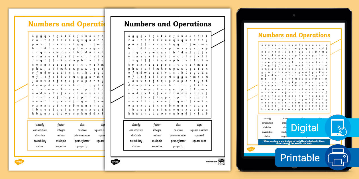 Seventh Grade Numbers and Operations Word Search - Twinkl