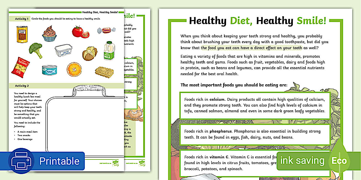 Healthy Diet, Healthy Smile! Oral Health Worksheet