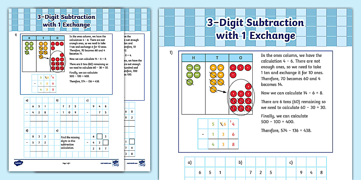 👉 3-Digit Subtraction with Exchanging Practice Activity Sheets