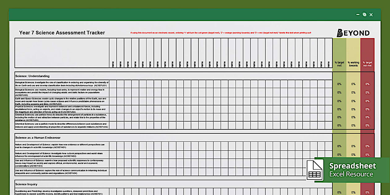Year 7 Science Australian Curriculum (v9.0) Assessment Tracker
