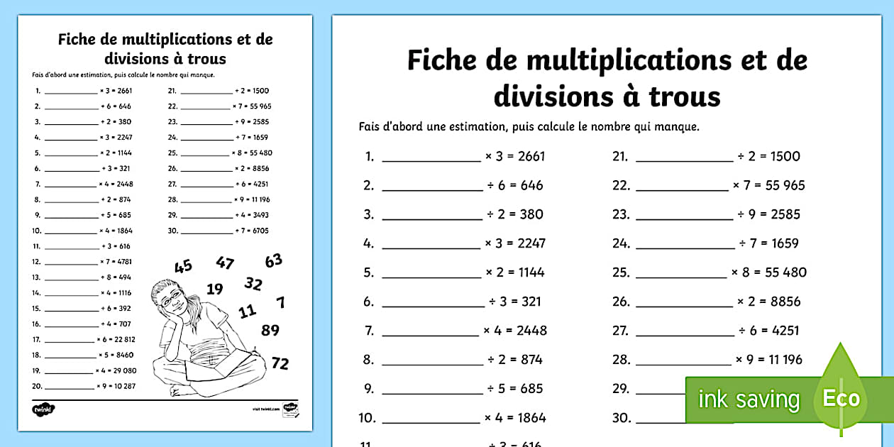 Feuille d'activités : Multiplications et divisions à trous