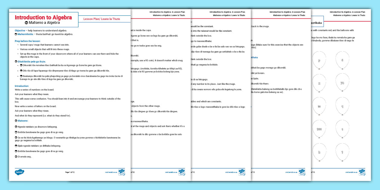 Introduction to Algebra – A Lesson Plan - Sepedi - Twinkl