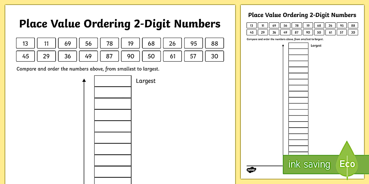 Editable Place Value Ordering 2 Digit Numbers Worksheet