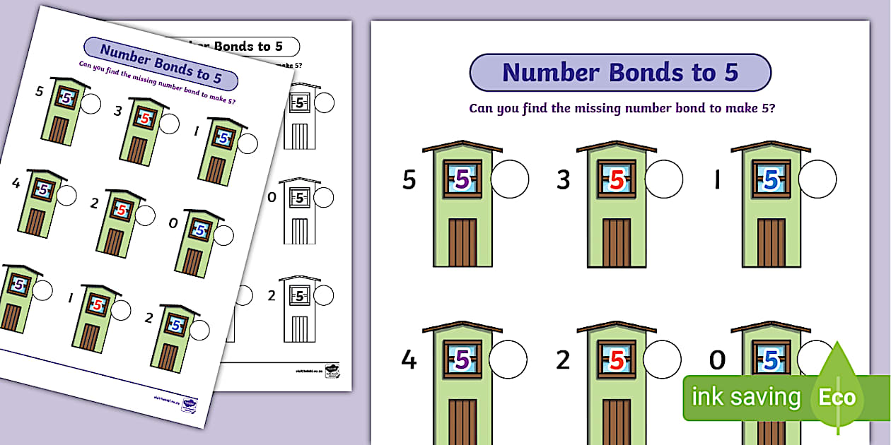 Number Bonds to 5 on Houses Worksheet