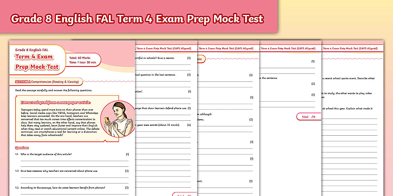 Grade 8 English FAL Term 4 Exam Prep Mock Test (CAPS Aligned)