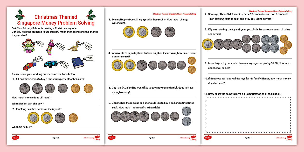 Christmas Themed Singapore Money Problem Solving - Twinkl