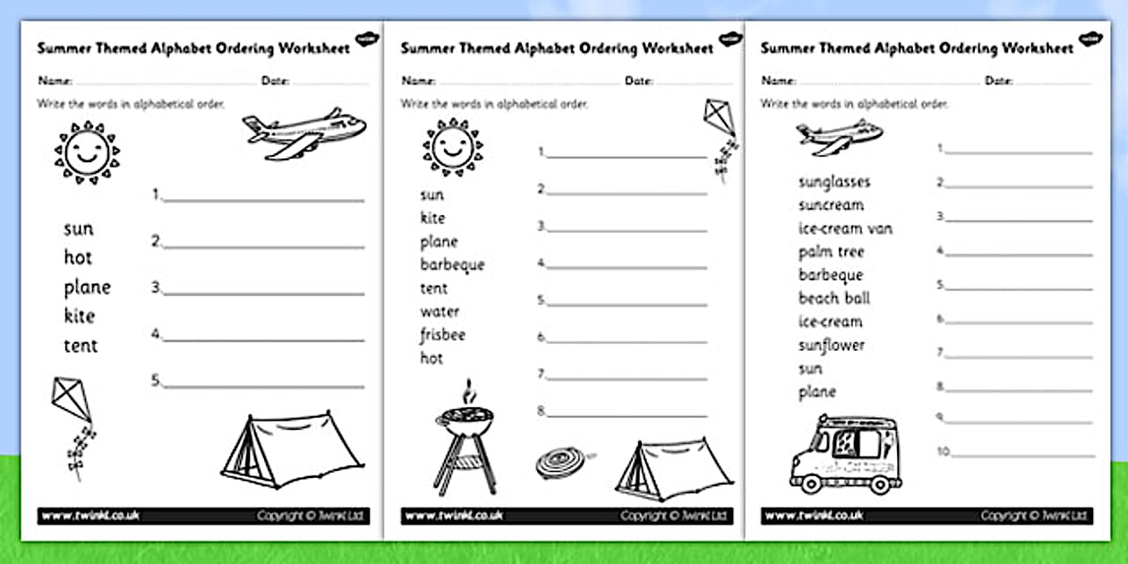 Summer Differentiated Alphabet Ordering Worksheet - Twinkl