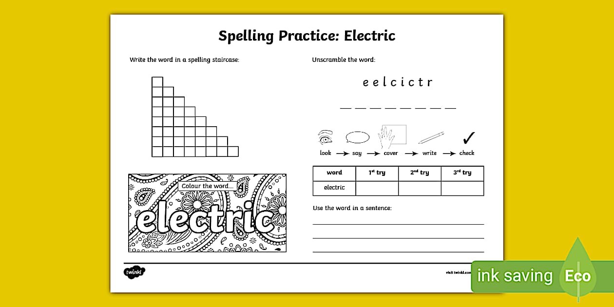Electric Spelling Practice Worksheet (teacher made) - Twinkl