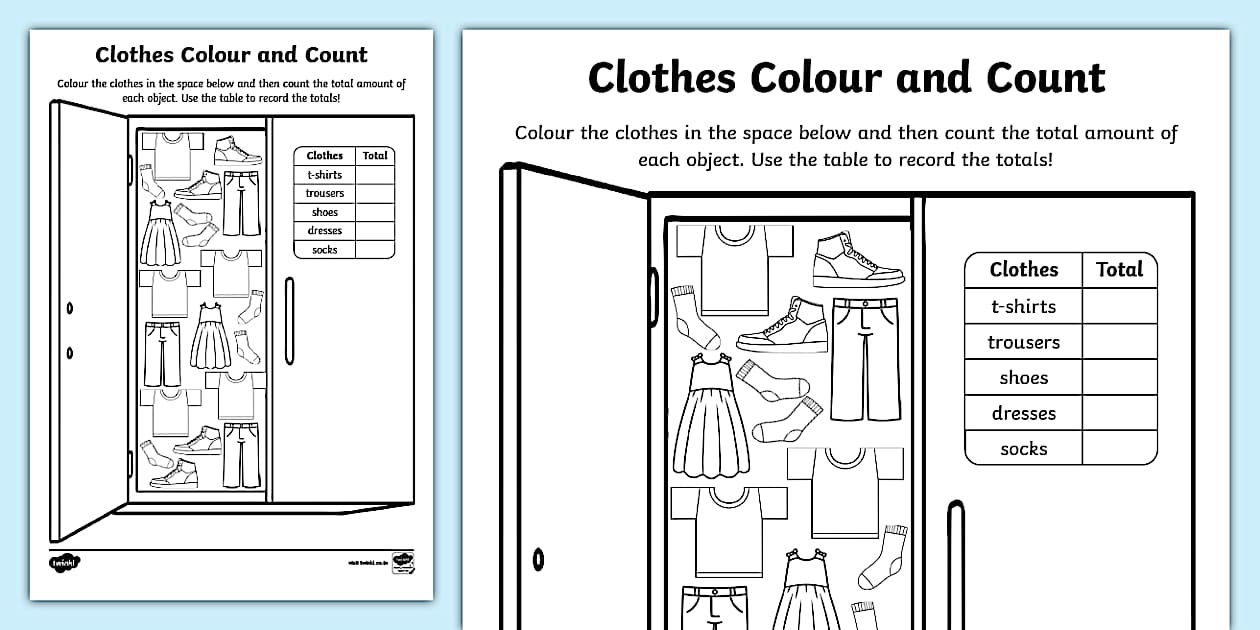Clothes Colour and Count Worksheet (teacher made) - Twinkl