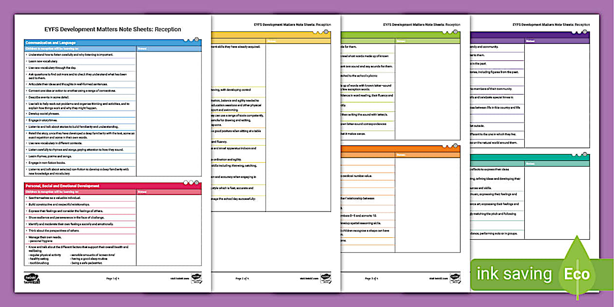 EYFS Reception Statements Development Matters Note Sheets