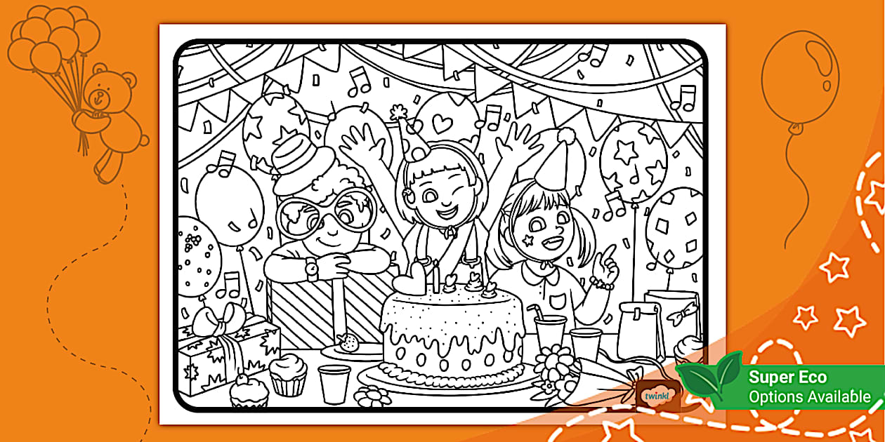 Busy Picture Birthday Colouring Page | Parents Resource