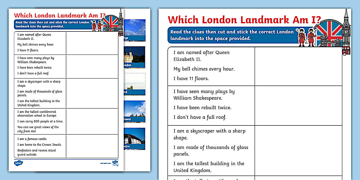 London Landmarks:Which Landmark Am I? Cut and Stick Activity